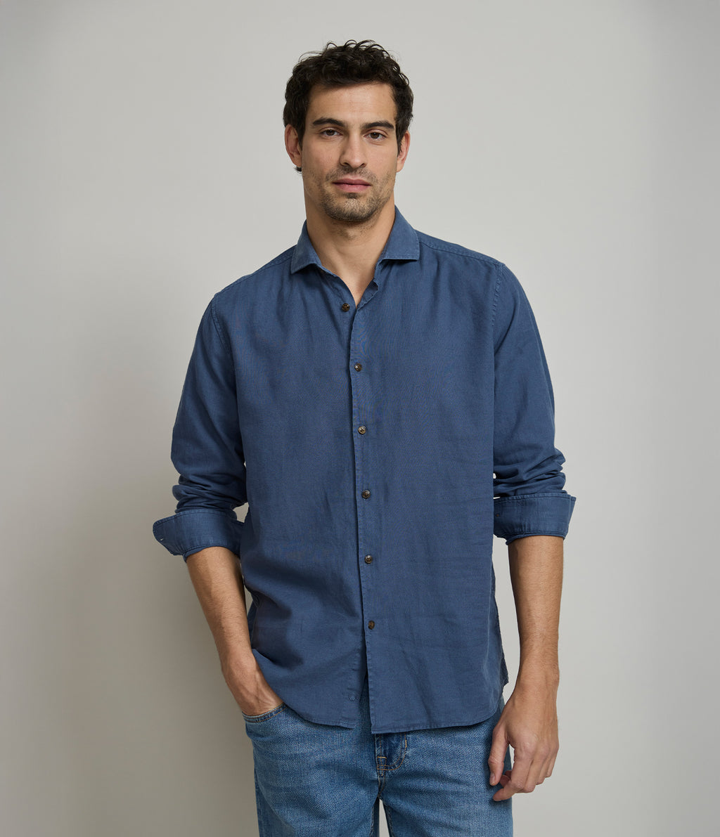 The Qualis - Camisa Hombre Lino Algodón Manga Larga Silven Azul